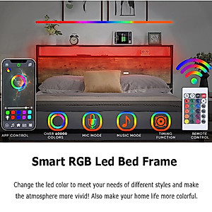 Mdhitsox Queen Bed Frame with 2 Drawers and Charging Station, Industrial Platform Bed with LED Lights, Metal Slats Support, Mattress Foundation, No Noise, No Box Spring Needed, Easy Assembly, Brown