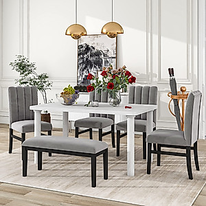 BIADNBZ Modern Rectangular Dining Set for 6 with Marble Veneer Table and 4 Flannelette Upholstered Chairs &1 Bench for Family/Living Room, 6-Piece, White+Gray