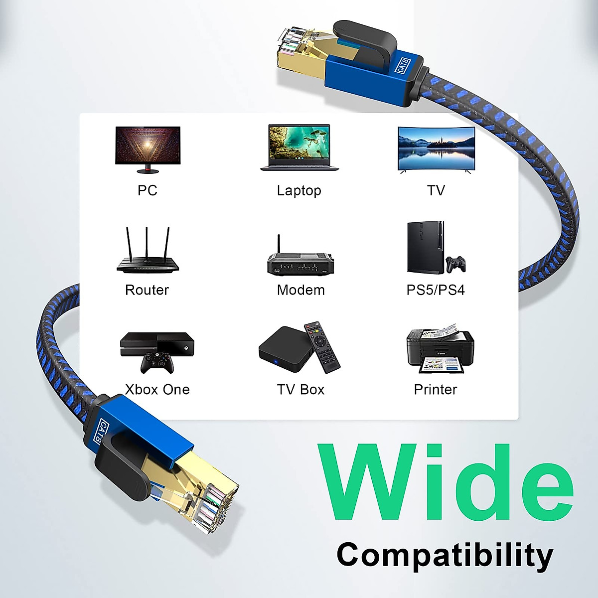 LEKVKM Cat 8 Ethernet Cable 50 FT High Speed Long Internet Cable Nylon Braided Network Cable RJ45 Connectors SSTP Shielded Flat LAN Cable Cat8 ethernet Cables 50feet for PC