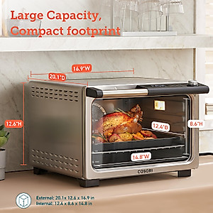 COSORI 13-in-1 Ceramic Air Fryer Toaster Oven Combo, Flat-Sealed Heating Elements for Easy Cleanup, Innovative Burner Function, 7 Accessories & Recipes, 26QT, Silver, Stainless Steel