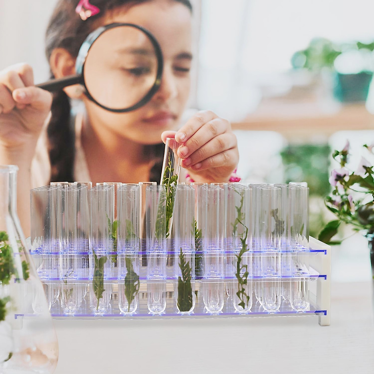 Test Tubes with Rack,50 Pack Clear Plastic Test Tubes16x100mm - with Secure Caps & Durable Holder Rack, Ideal for Scientific Experiments, Candy Beads Sample Storage, Kids Party Supplies (16x100mm)