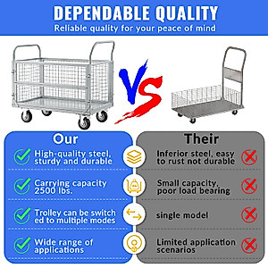 Platform Truck Cart with Cage,5in1 Heavy Duty Flatbed Cart, Foldable Hand Truck Flat Cart, Load 2500LB with 4 Swivel Casters,Multi-Functional Push Cart for Grocery, Laundry, Shelving, Pantry