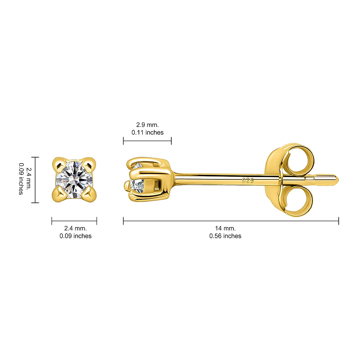 Small Gold Studs 2mm Stud Earrings Yellow Gold Flashed Sterling Silver 2mm Round Stud Cartilage Tiny CZ Earrings for Men Women