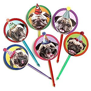 Pugs Cupcake Toppers, set of 6 different birthday dogs party decorations, printed both sides