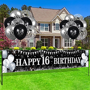 Black Silver Happy 16th Birthday Decorations Black Silver Happy 16th Birthday Banner Yard Sign and 18Pcs Black Silver 16th Birthday Balloons for Boys Girls Birthday Anniversary Party Decor Supplies
