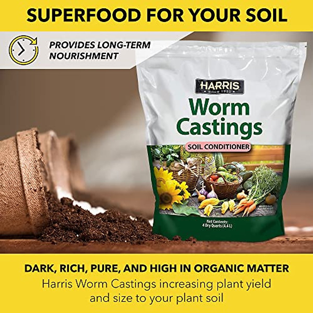 Harris Worm Castings Organic Fertilizer - Soil Superfood for Houseplants, Flowers, and Vegetables, 4qt, 5lb Bag
