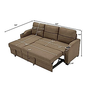 Melpomene Convertible Sectional Sofa Couch Pull Out Bed Sleeper Sofa with Storage 3 Seater L Shaped Couch Linen Upholstered Fabric Corner Sofa with 2 Cupholders for Living Room (Brown)