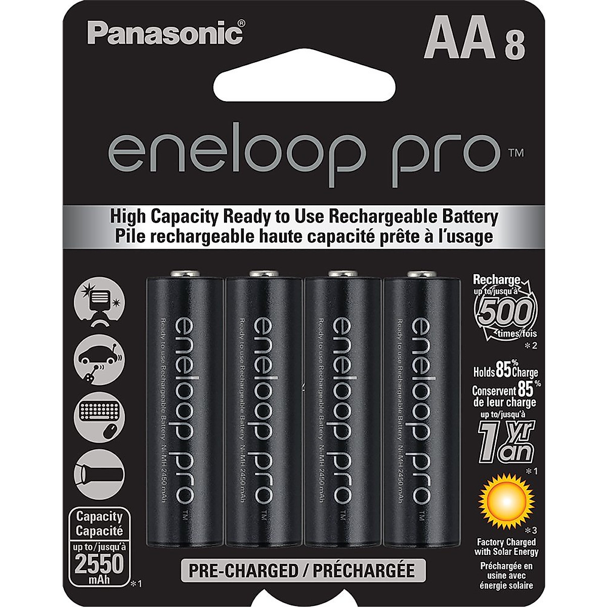 Panasonic Eneloop Pro Ni-MH AA Batteries BK-3HCCA8BA 1.2V 8pk & 4-Cell Battery Charger w/ 4 AA batteries K-KJ75KHC4BA