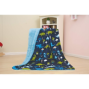Marina Decoration Reversible Rich Printed Woven Fluffy Plush Soft Warm Flannel Fleece Sherpa Kids Children Blanket, 30 x 40 Inch Green Blue Color Dinosaur Zoo with Navy Blue Base Pattern