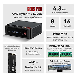 Beelink Mini PC, AMD Ryzen 7 5700U (8C/16T, up to 4.3GHz), 16GB DDR4 RAM 500GB M.2 PCIe3.0 SSD, SER5 Pro Mini Desktop Computer Support 4K@60Hz Triple Display/WiFi 6/BT5.2/USB3.2/Gaming/Office/Home