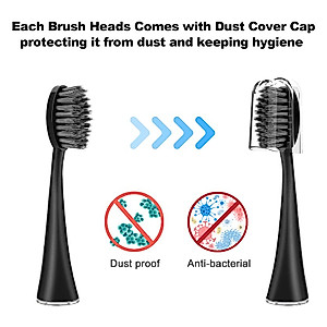 Replacement Toothbrush Heads for Burst Electric Toothbrush Adults with Dust Cover Caps, Soft Charcoal Bristles for Deep Cleaning, Plaque Removal and Whiting Teeth, 5 Counts, Black