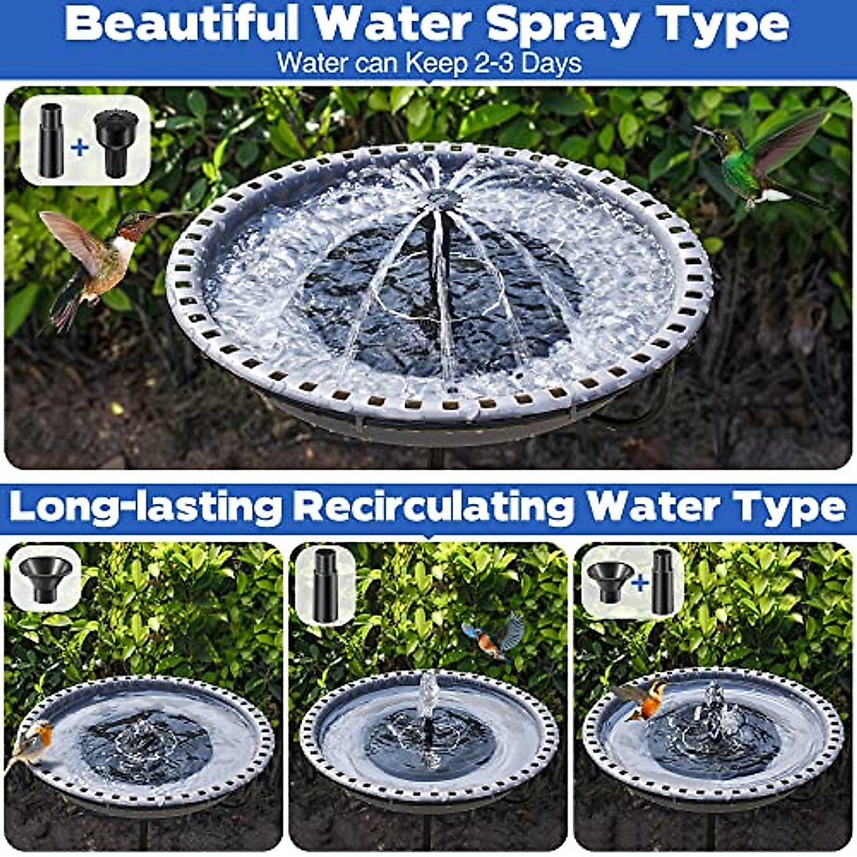 Solar Bird Bath Fountains, Bowl with Fountain Pump, Powered Water Combo Set 4 Spray Types for Outdoor Garden Yard Patio Lawn (Freestanding Style)