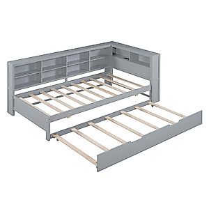 Twin Daybed with Trundle and Bookcase Headboard, Wood Platform Bed Frame with Charging Station and Storage Shelves, USB Port and Outlet Plug, No Box Spring Needed, Gray