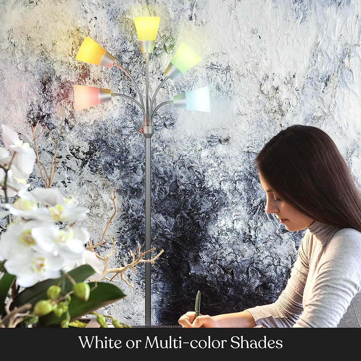 Brightech Medusa Modern LED Floor Lamp – Multi Head Dimmable Floor Lamp for Living Rooms & Offices – Tall Lamp with Interchangeable Shade, Standing Lamp with 5 LED Bulbs for Hobbies - Silver