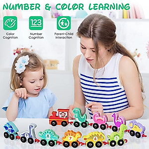 HELLOWOOD Dinosaur Toys for Toddlers Age 2-4, Wooden Dinosaur Train Set with Playmat/Storage Bag, Montessori Educational Toys for 2+ Years Old Boys & Girls