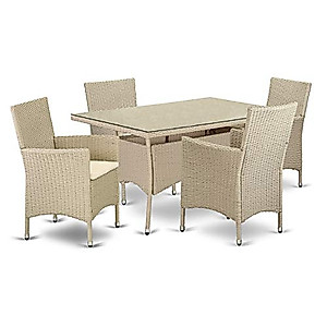 East West Furniture Valencia 5 Piece Outdoor Wicker Patio Furniture Sets Includes a Rectangle Bistro Dining Table with Glass Top and 4 Balcony Armchair with Cushion, 35x55 Inch, Cream
