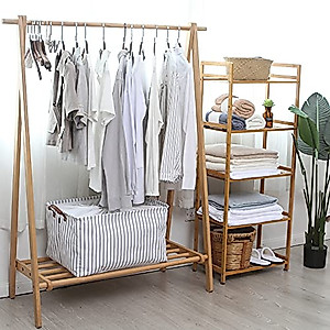 Hinwo 70L Extra Large Capacity Storage Basket Canvas Storage Bin Collapsible Storage Box with PU Leather Handles and Drawstring Closure, 22 by 15 inches, Waterproof Inner Layer, Grey Vertical Stripe