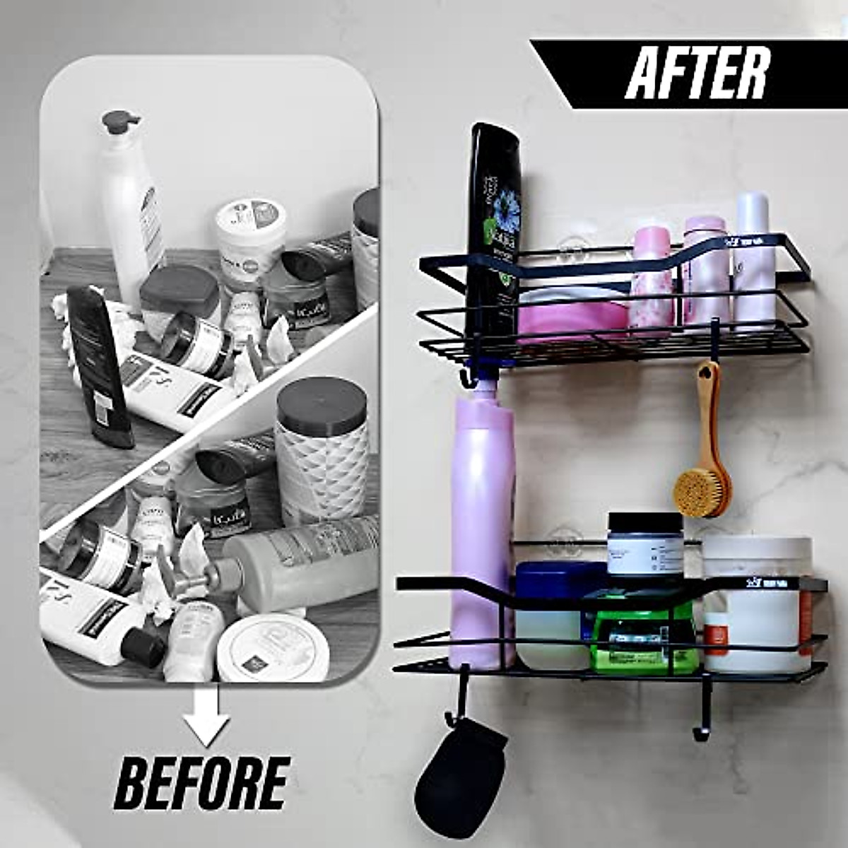 TRENDY PANDA Adhesive Shower Caddy with 4 Hooks Shower Organizer Rustproof and Stainless Steel Material, No Drilling Shower Shelf 2 Pack in Metal Black.
