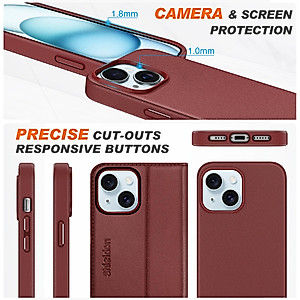 SHIELDON Wallet Case for iPhone 15 Plus 5G, Genuine Leather Detachable Book Flip RFID Blocking Card Slot Magnetic Shock Absorbing Wireless Charging Case Compatible with iPhone 15 Plus - Wine Red