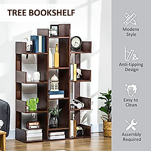 HOMCOM Tree Bookshelf, Modern Freestanding Bookcase with 13 Open Shelves, Display Unit for Living Room, Study or Office, Brown