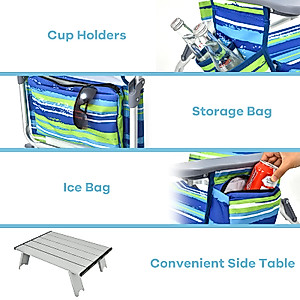 Goplus Backpack Beach Chairs, 3 Pcs Portable Camping Chairs with Cool Bag and Cup Holder, 5-Position Outdoor Reclining Chairs for Sunbathing, Fishing, Travelling (Blue+Green, with Side Table)