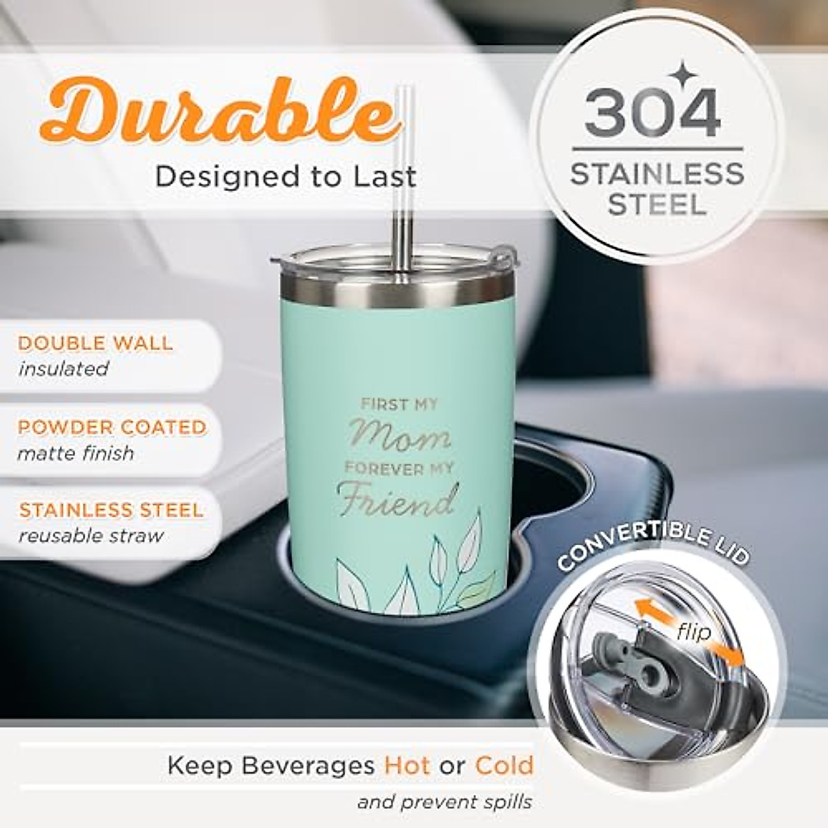 Christian Art Gifts Reusable Stainless Steel Tumbler Travel Mug w/Straw for Mothers: First My Mom Forever My Friend w/Scripture, Vacuum Insulated, Pop-up Lid, Hot/Cold, Cute Mint Green Floral, 18 oz.