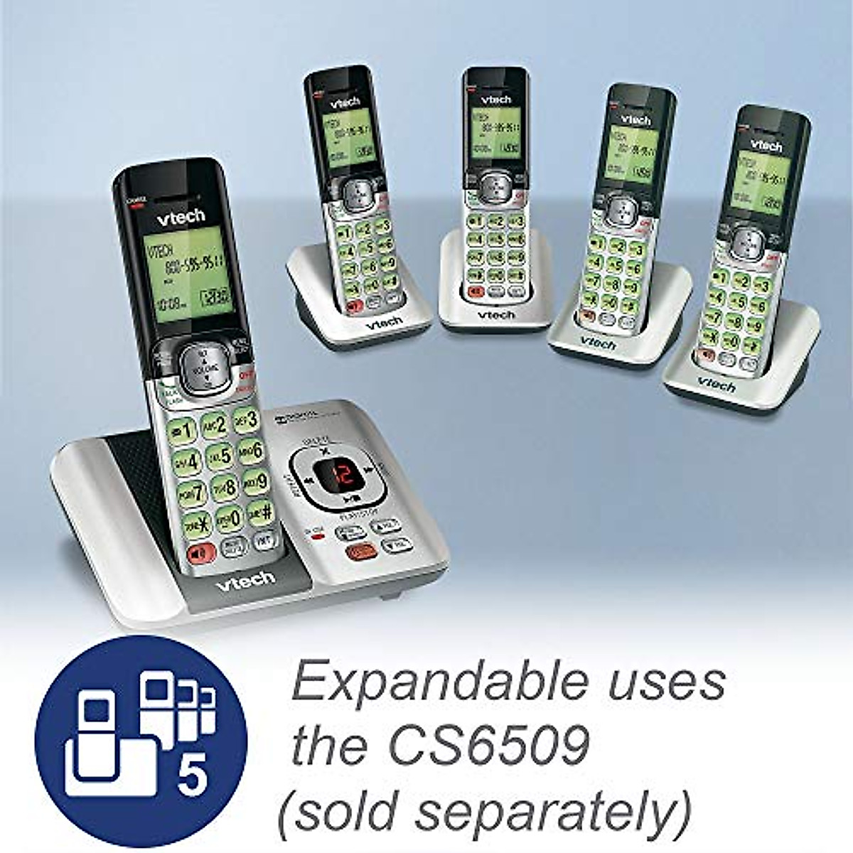 VTech CS6529-3 3-Handset Expandable Cordless Phone with Answering System-Caller ID/Call Waiting & Backlit Display/Keypad, Silver