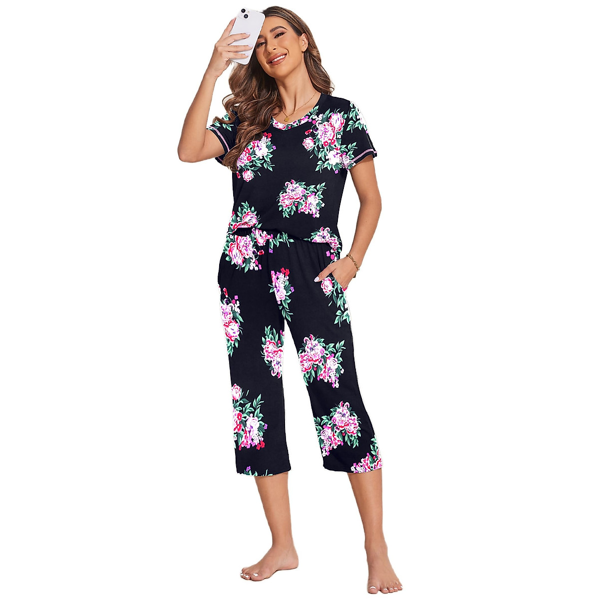 Ekouaer Women's Sleepwear Capri Pajama Sets Short Sleeve Two-Piece Pjs V Neck Tops & Capri Pants with Pockets S-3XL