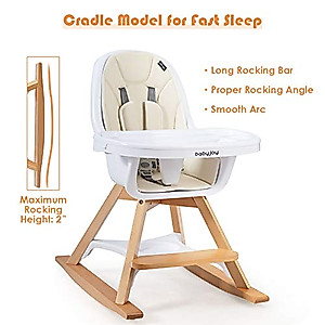 BABY JOY 3 in 1 High Chair, Baby Eat & Grow Convertible Wooden High Chair/Rocking Chair/Booster Seat/Toddler Chair, Infant Dining Chairs w/ Double Removable Tray, 5-Point Seat Belt & PU Cushion, Beige
