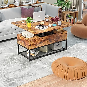 KCRET 43" Lift Top Coffee Table, 3 in 1 Multi-Function Coffee Table Modern Coffee Lift Table Dining Table with 2 Storage Drawers and Hidden Compartment for Living Room Reception Room (Rustic Brown)