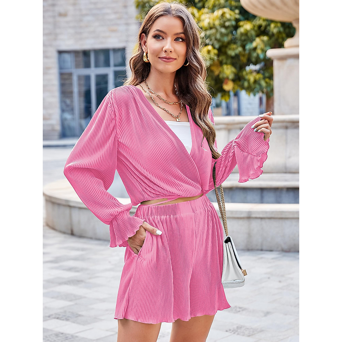 ZAFUL Women 2 Piece Pants Set Long Sleeve Plisse Wrap Crop Top Criss Cross Tie Shirt High Waist Pants Outfits Streetwear Pink