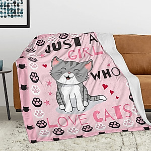 Cute Cat Throw Blanket Ultra Soft Warm Cozy Lightweight Microfiber Blankets, Just a Girl Who Loves Cats, Flannel Sherpa Fuzzy Fluffy Plush Throws for Sofa Couch Bedding All Season 60"x50"