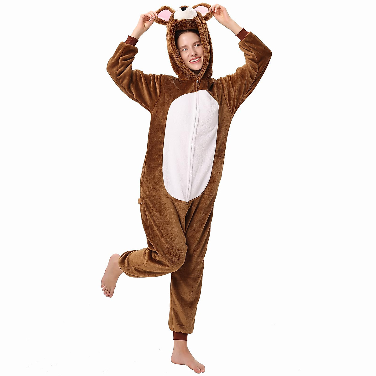 EJsoyo Onesie Adult Reindeer Costume Dinosaur Sleepwear Animal Lion Mouse Cosplay Pajama Teens Halloween Costume (Large, Brown Mouse)
