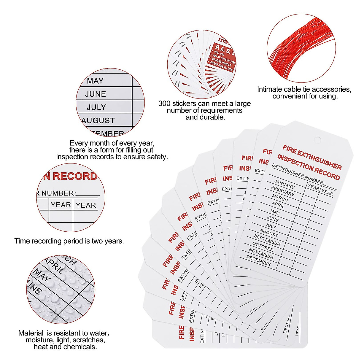 Outus 50 Sets Fire Extinguisher Monthly Inspection Tags 4.2 x 2.1 Inch Fire Extinguisher Record Labels with Adjustable Wire Ties Maintenance Waterproof Tags Recharge and Inspection for Indoor Outdoor