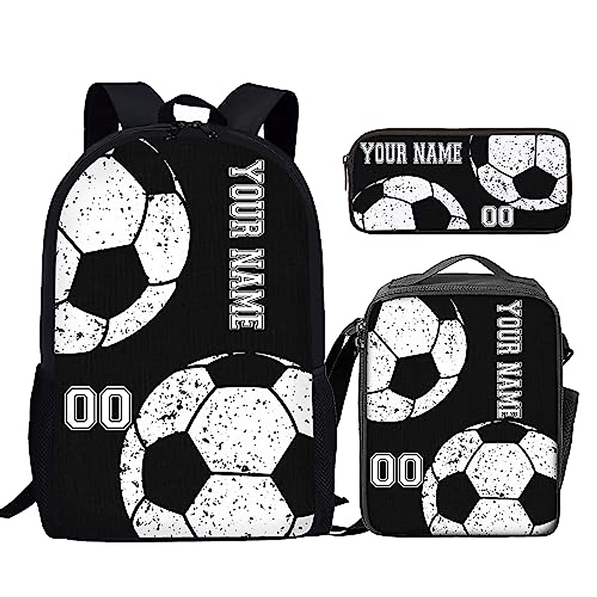 Howilath Custom Soccer Ball Pattern Black 3 Pcs School Backpack Set for Teen Boys Girls 17 Inch Shoulder Bookbag Lunch Box with Pencil Case