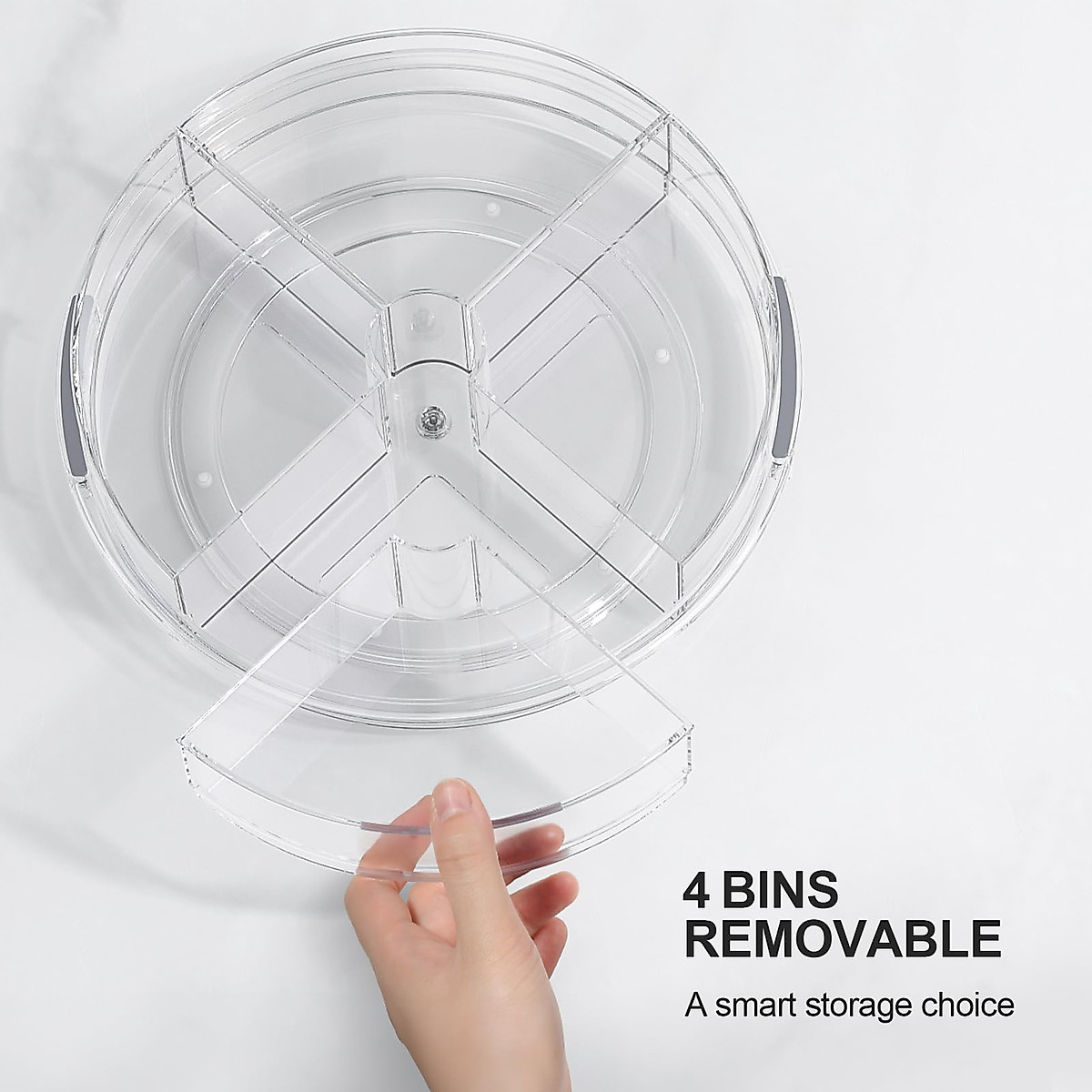LAMU Lazy Susan Organizer with 4 Bins Removable Turntable for Cabinet, Recyclable Plastics Rotating Organizer for Kitchen, Pantry, Bathroom Countertop Organizer, 10.6 inch, Clear