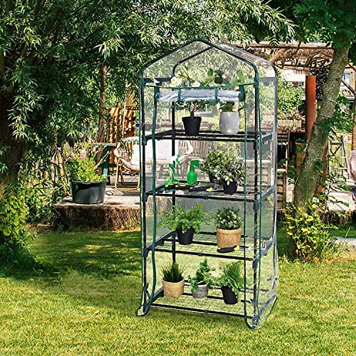 Renatone 4 Tier Mini Greenhouse, Portable Gardening Tent with Weatherproof PE Cover, Zippered Roll-up Door, Steel Frame, Outdoor Garden Greenhouse for Backyard Balcony Patio (Clear)
