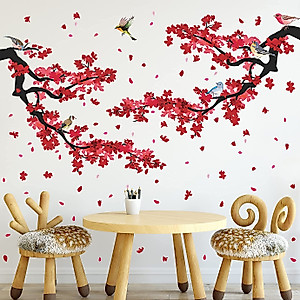 Romantic Red Flowers Wall Decals 3D Plum Floral Tree Branches Wall Stickers DIY Removable Peach Cherry Blossom Birds Wall Decor for Kids Girls Bedroom Living Room Nursery Office Decoration DT-4978