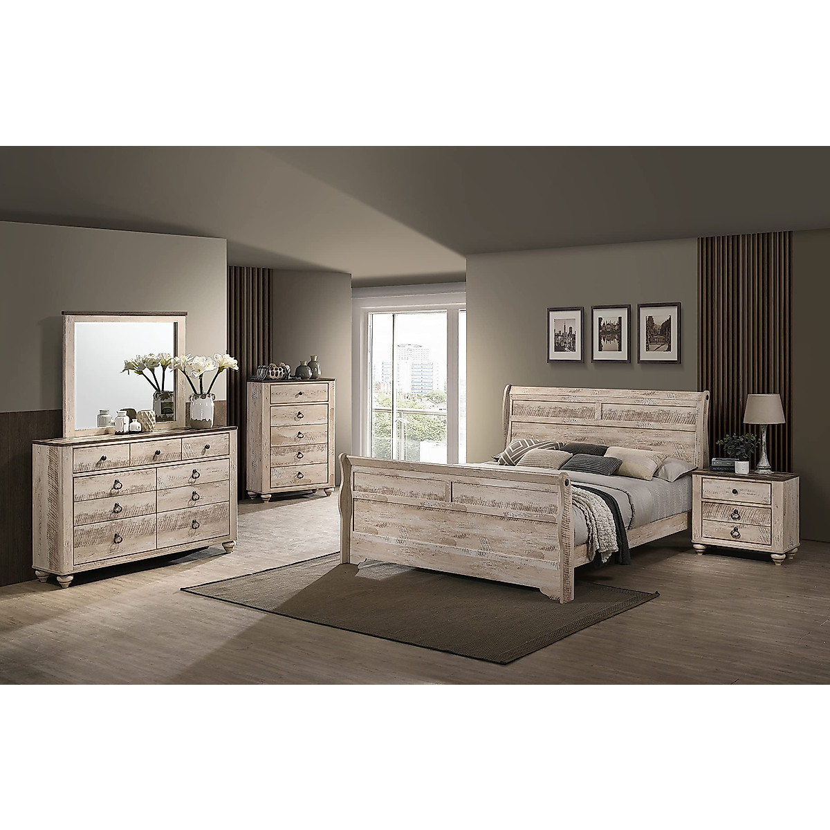 Roundhill Furniture Imerland Bed White-wash Finished 6-Piece Sleigh Headboard Bedroom Set, King