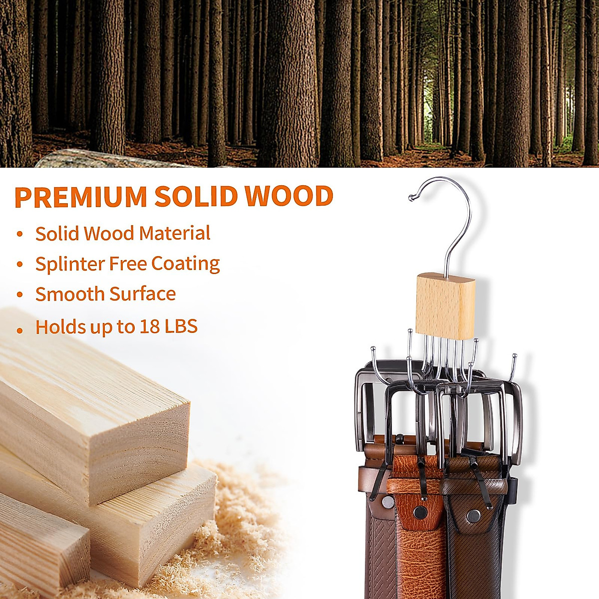 ELONG HOME Belt Organizer, Wooden Block Belt Hanger Closet Organizers and Storage, Belt Rack with 6 Hooks, 2 Pack Tie Hangers