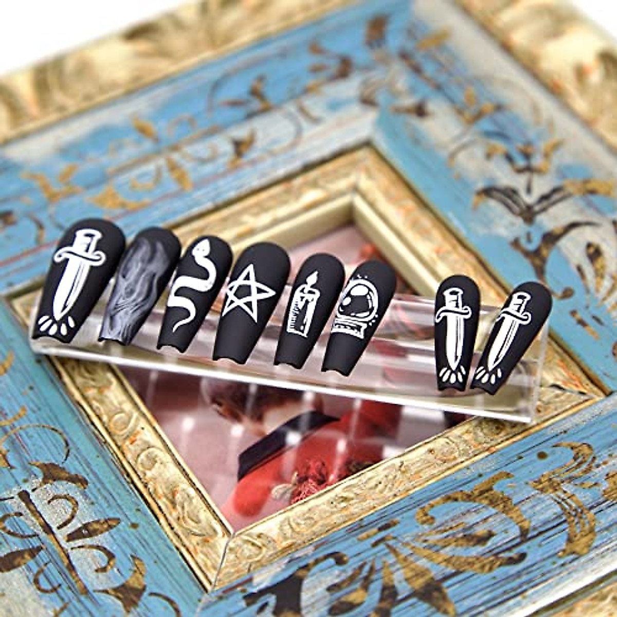 Fantasticlady Medium Coffin Press On Nails,Dark goth grily style with Tarot Design,Black undertone False Nails,Matte On Nails for Women and Girls