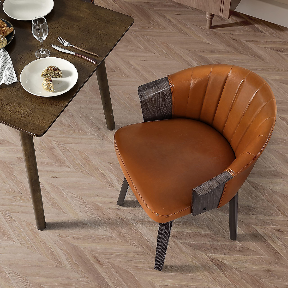 Art Leon Desk Chair No Wheels, Mid Century Modern Swivel Accent Chair, Faux Leather Upholstered Home Office Desk Chair with Wood Legs, Brown/Black Oak