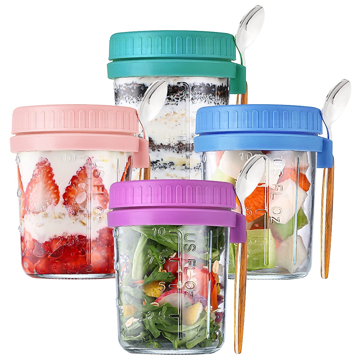 Overnight Oats Containers with Lids and Spoon, 4 Pack Mason Jars for Overnight Oats, 16 Oz Overnight Oats Jars Glass Oatmeal Container to Go for Chia Pudding Yogurt Salad Cereal Meal Prep Jars (Blue