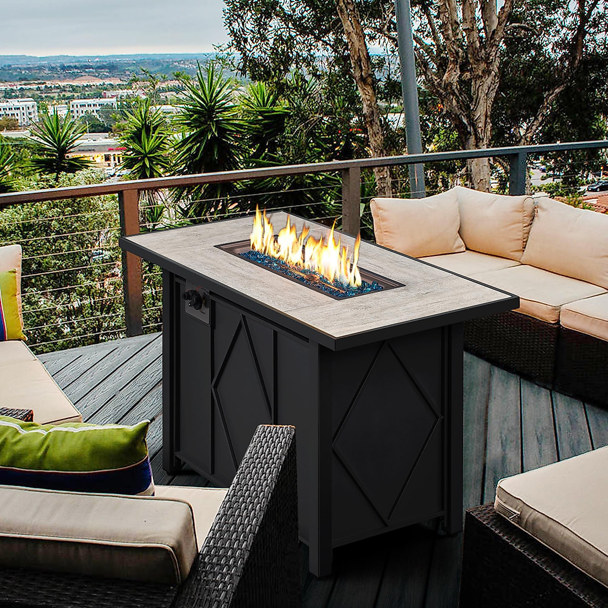 Yaheetech Propane Fire Pit 43in, Rectangle Propane Fire Pit Table 50,000 BTU Firepit with Ceramic Tabletop & Steel Base, Glass Fire Stones & Water-Resistant Cover for Outside