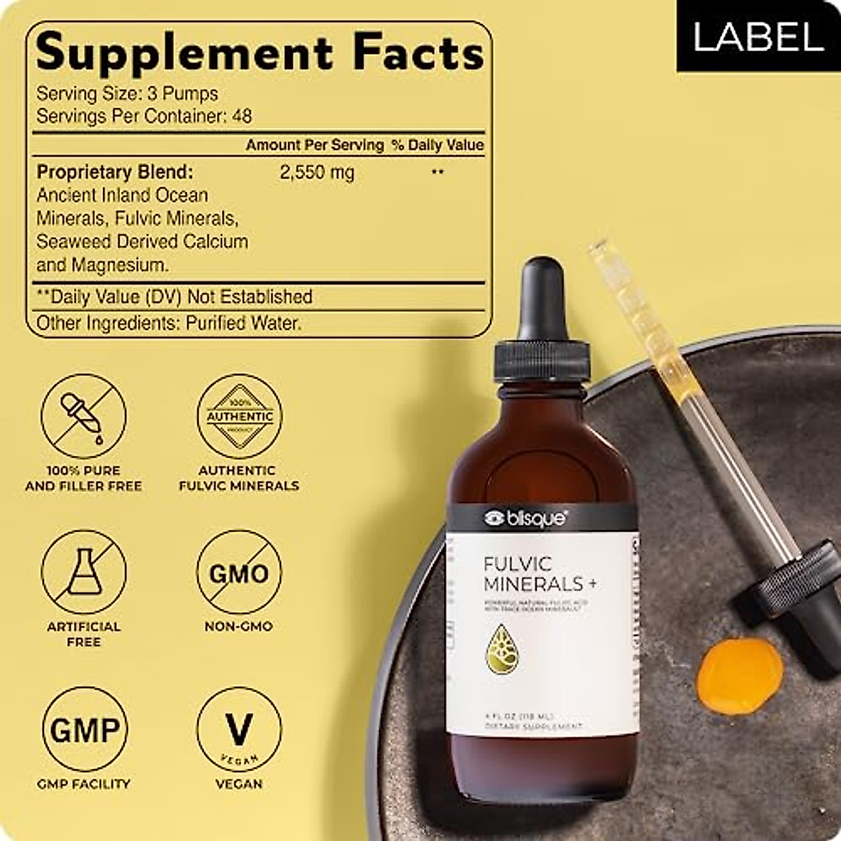 Blisque – Natural Trace Mineral Drops Supplement with Fulvic Acid and Humic Acid | for Detox, Cleanse, Immune Support, Brain Booster, Alkaline Hydration, and Energy | Contains Electrolytes | 4 Ounce