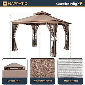 HAPPATIO 10' X 12' Patio Gazebo with Ventilation Double Roof，Outdoor Gazebo with Mosquito Netting for Lawn, Garden (Light Brown)