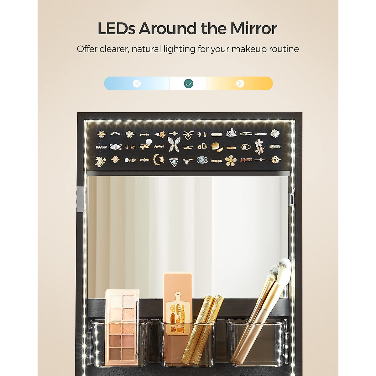 SONGMICS Jewelry Cabinet Armoire Organizer with LED Lights, Wall-Mounted Storage Cabinet with Full-Length Frameless Mirror, Built-in Makeup Mirror, 2 Drawers, Lockable, Black UJJC013B01