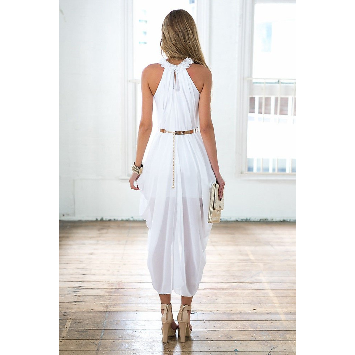 KingField Women's Chiffon Greek Goddess Fairy High Low Dresses Outer Maxi Inner Mini Beach Party Dress Large White