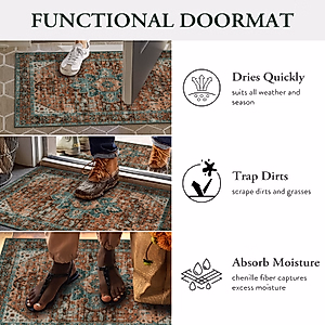 Lahome Boho Retro Ultra-Thin Indoor Door Mat,Washable Non-Slip 20"x32" Small Entryway Rugs Rubber Absorbent Doormats Low-Profile Inside Dirt Trapper for Entry Front Door Entrance