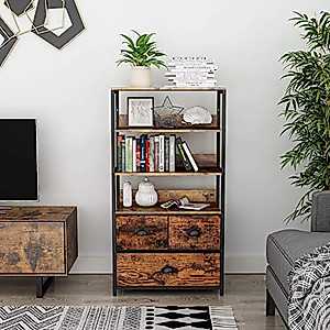 Furologee Brown Vertical Bookcase with Shelves, Bookshelf & Dresser Organizer 3/4 Drawer Dresser for Books, Photos, Decorations in Living Room, Office, Bedroom, Kitchen